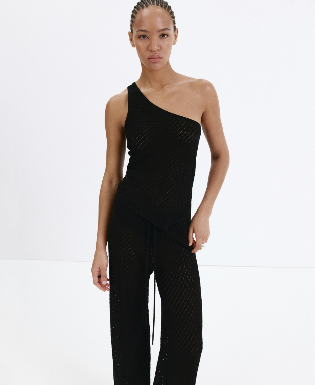 Click here for Mango Womens Asymmetrical Open-Knit Top - Black prices