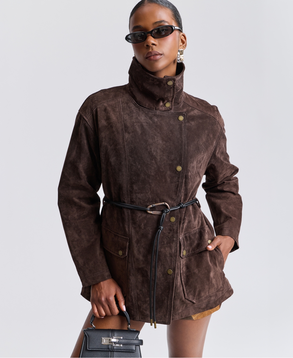 Click here for Avec Les Filles Womens Belted Suede Jacket - Wood prices