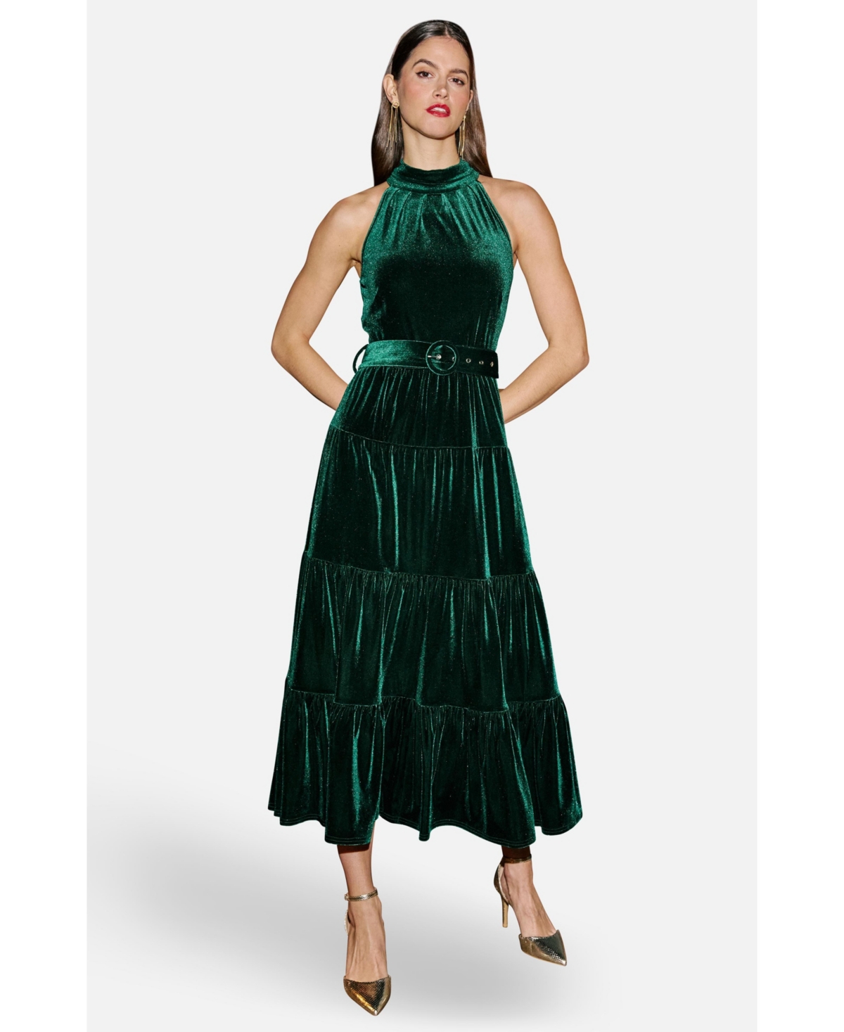 Click here for Yumi Womens Velvet Halter Neck Belted Maxi Dress -... prices