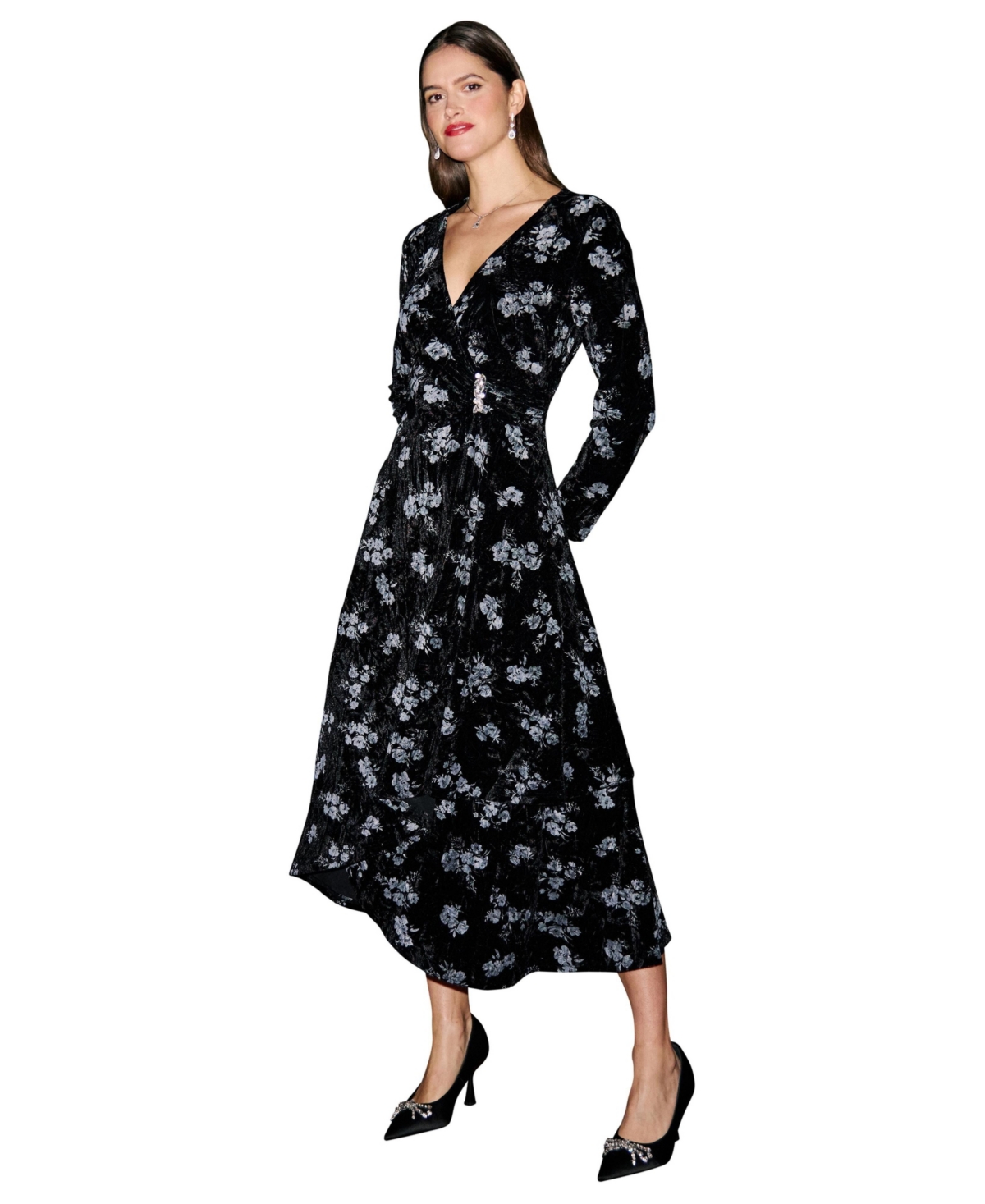 Click here for Yumi womens Floral Velvet Midi Wrap Dress - Black prices