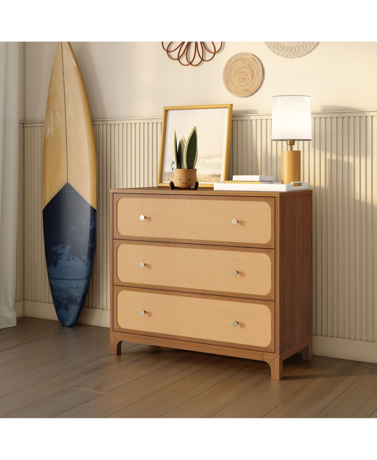 Click here for Max & Lily Elio and Rattan 3 Drawer Dresser - Peca... prices