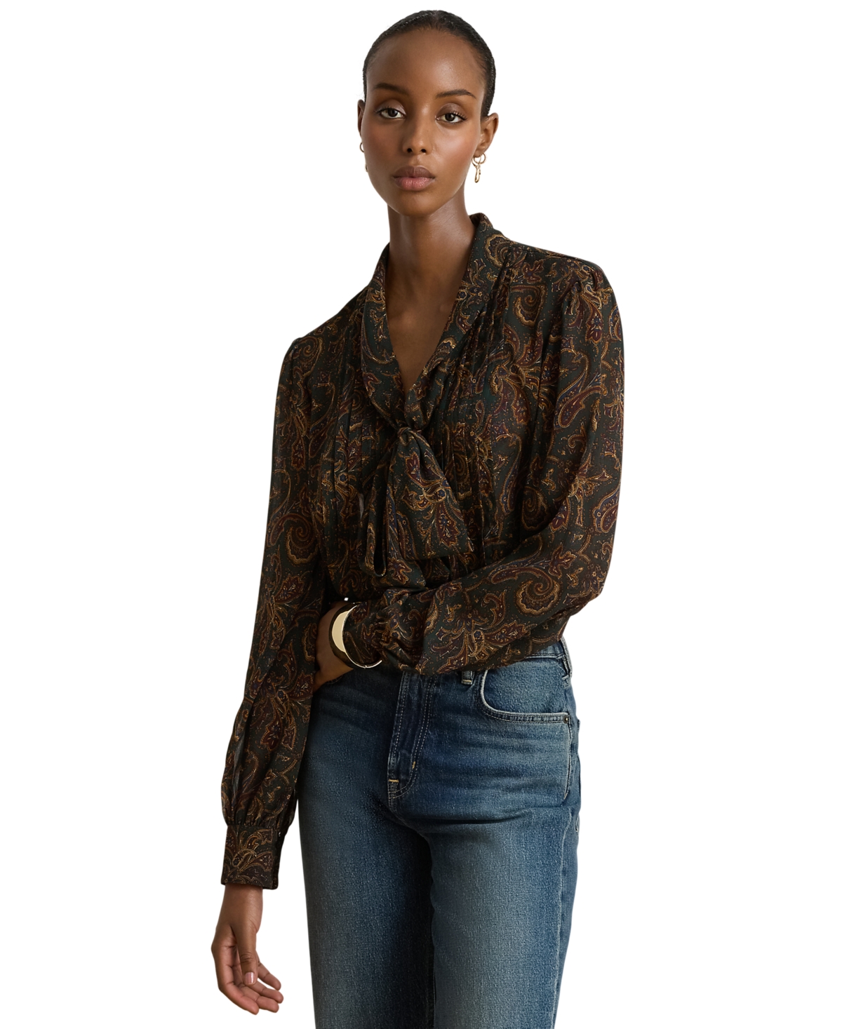 Click here for Lauren Ralph Lauren Petite Paisley Pintucked Tie-N... prices