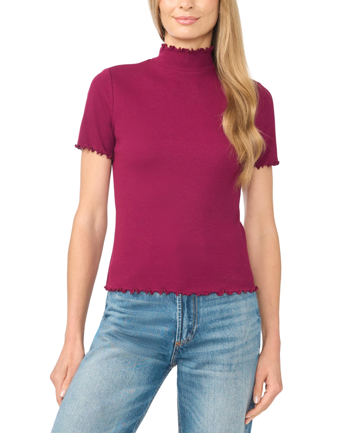 Click here for CeCe Womens Lettuce-Trim Mock Neck Short-Sleeve To... prices