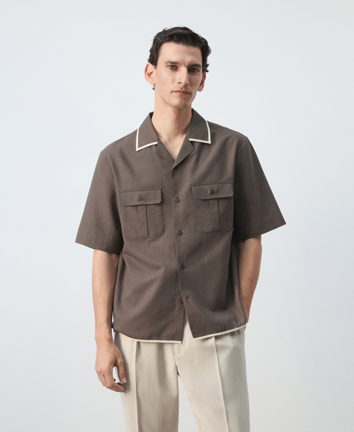 Click here for Mango Mens Linen-Cotton Bowling Collar Shirt - Cho... prices