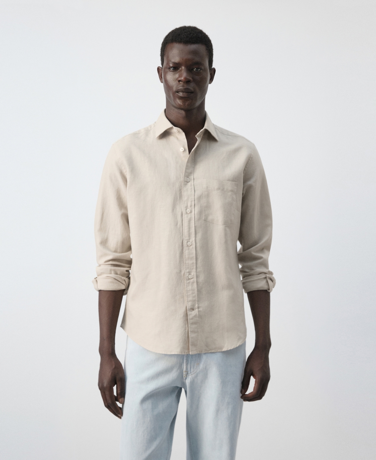 Click here for Mango Mens Pocket Linen Shirt - Beige prices