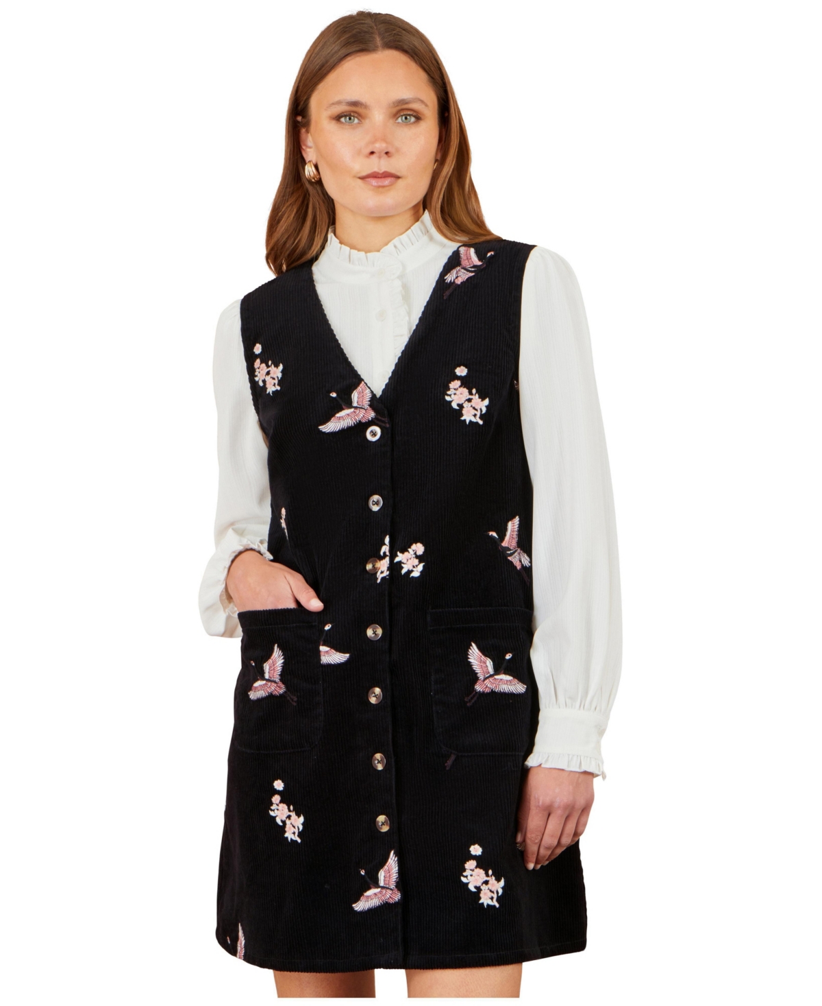 Click here for Yumi Womens Crane Pinafore Dress - Black prices