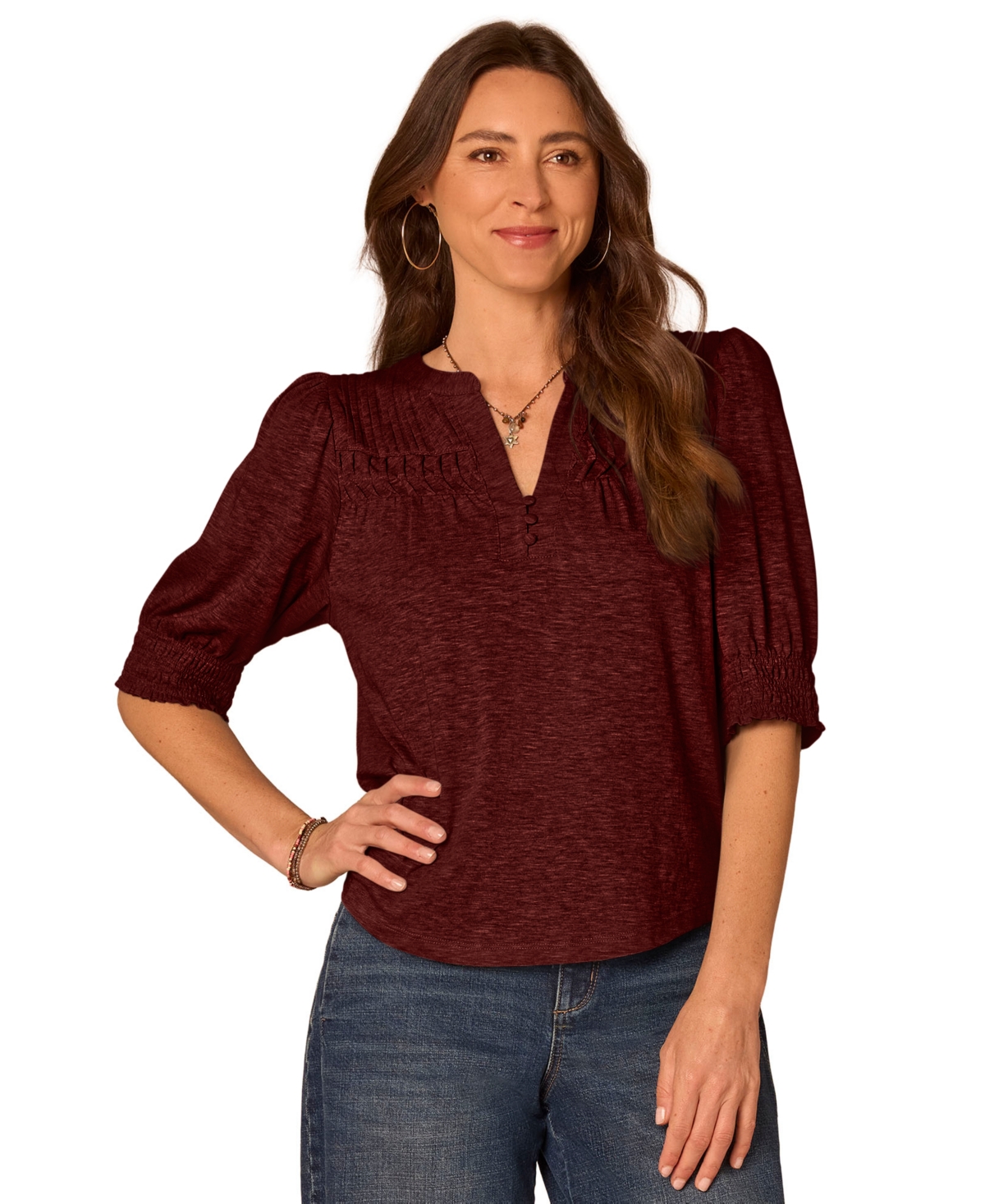 Click here for Democracy Petite Blouson-Sleeve Mandarin Collar Kn... prices