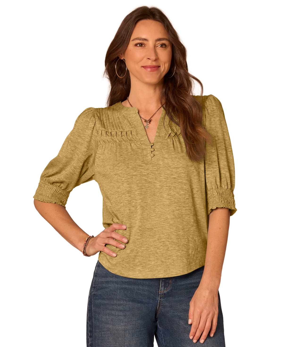 Click here for Democracy Petite Blouson-Sleeve Mandarin Collar Kn... prices