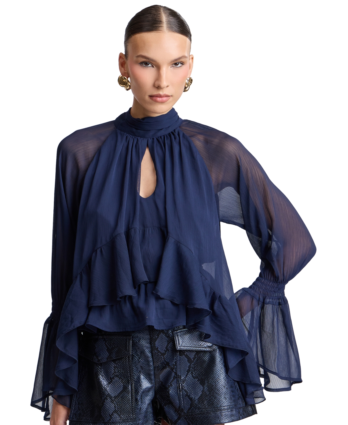 Click here for Avec Les Filles Womens Floral High-Neck Puff-Sleev... prices