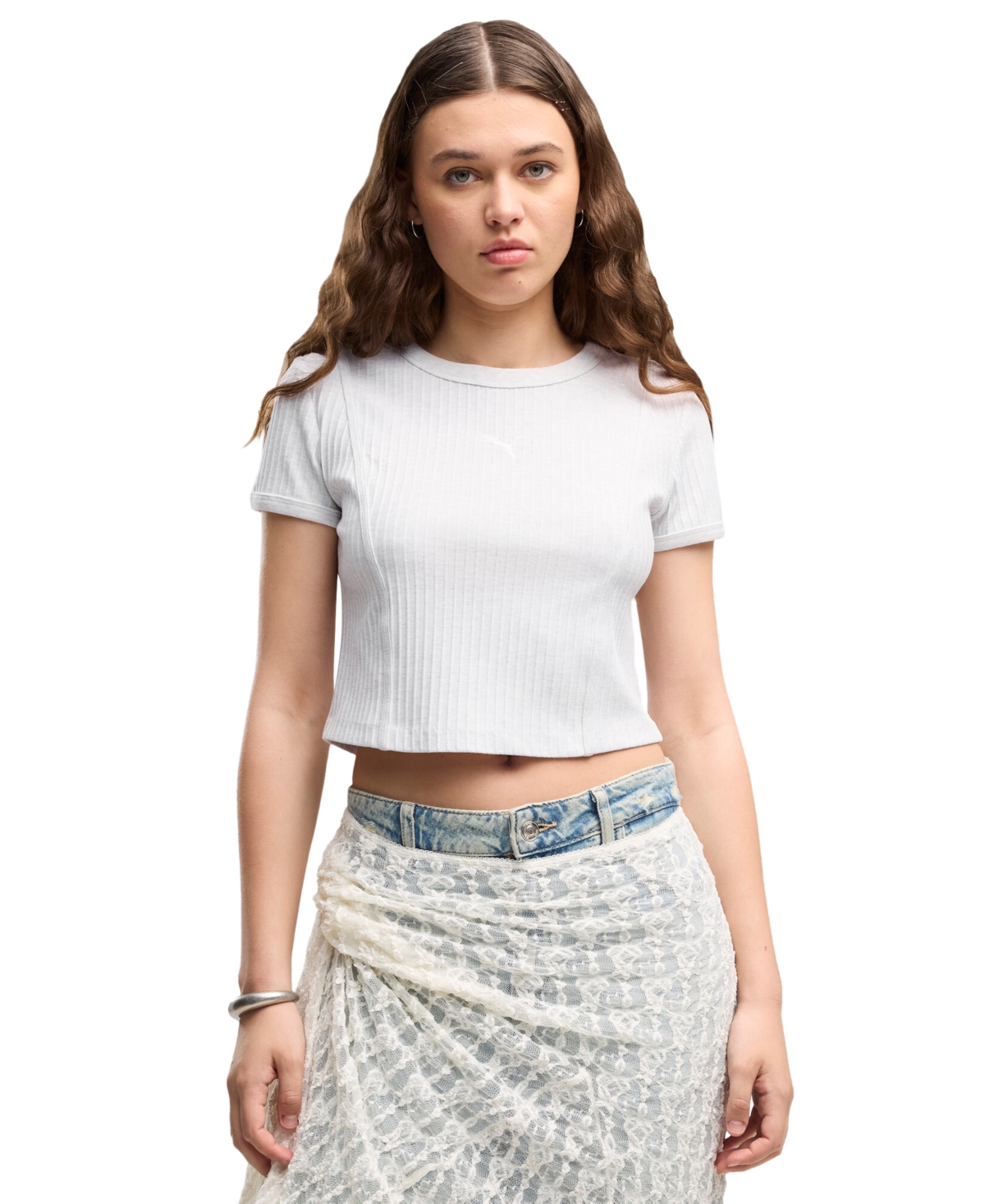 Click here for Puma Womens Ribbed Cropped Crewneck T-Shirt - Whit... prices