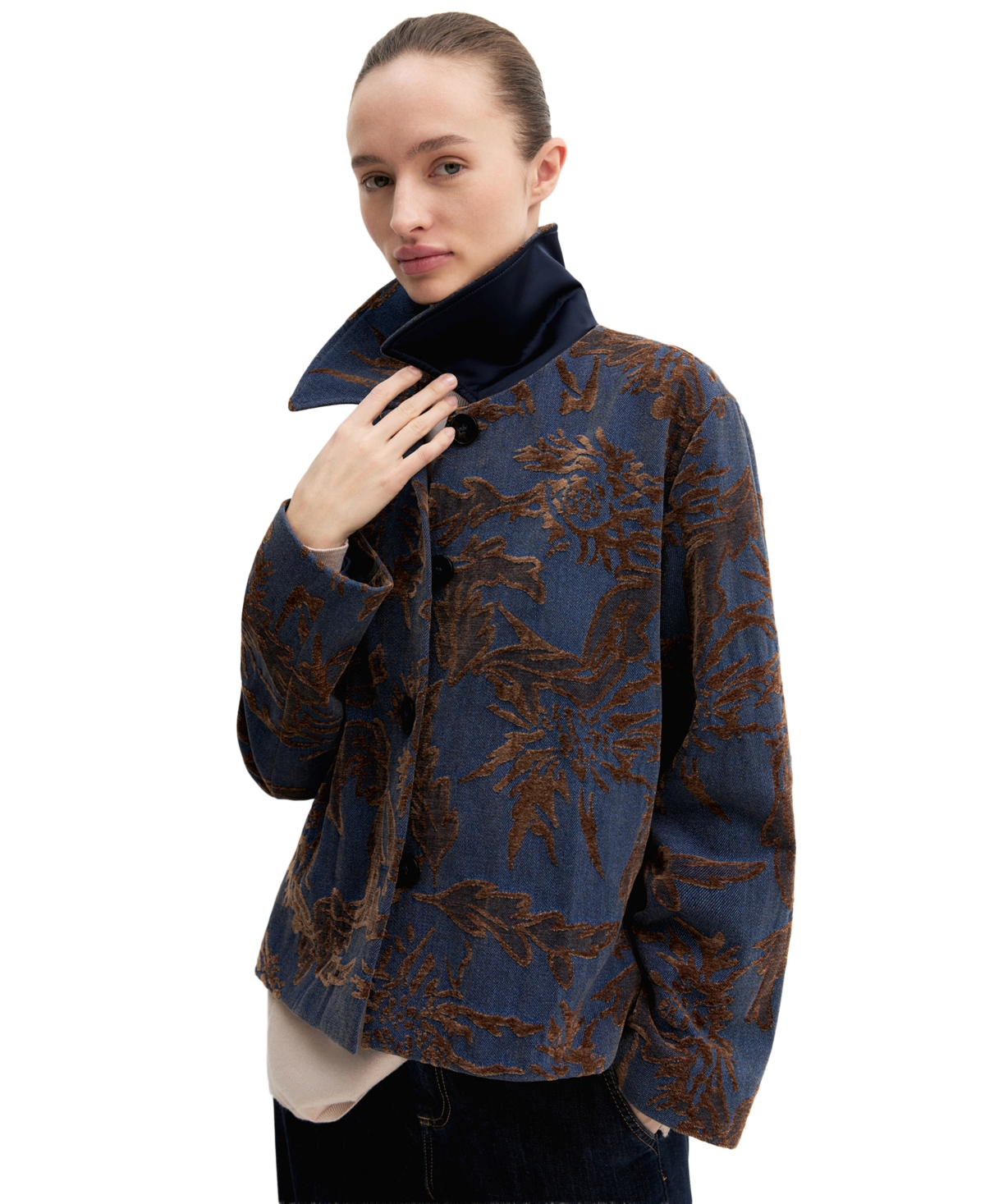 Click here for Emme Marella Womens Floral-Pattern Lined Denim Jac... prices