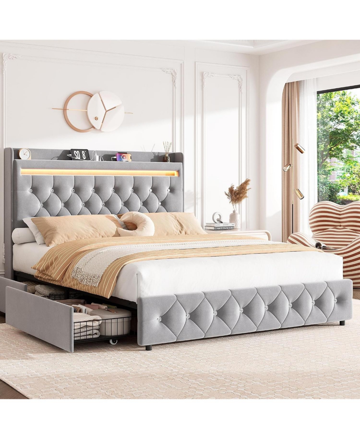 Click here for gaomon Queen Size Gray Velvet Led Platform Bed wit... prices