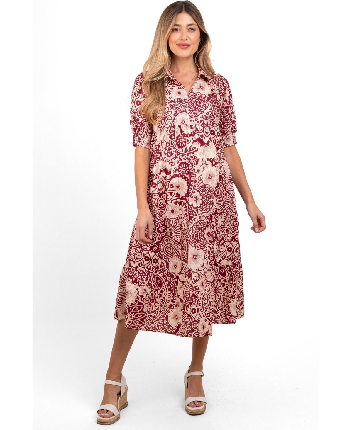 Click here for Pinkblush Womens Burgundy Floral Collared Tiered M... prices
