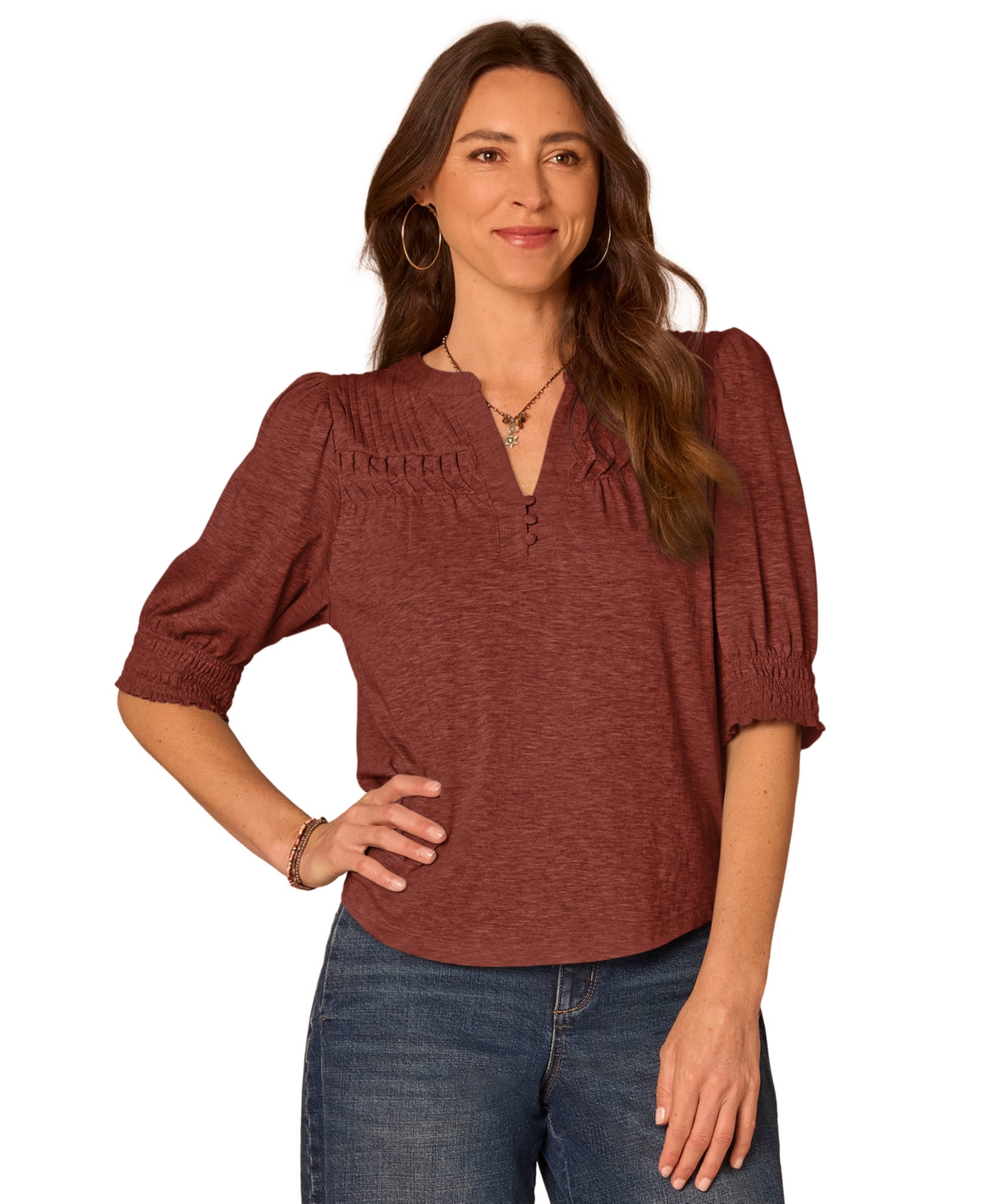 Click here for Democracy Petite Blouson-Sleeve Mandarin Collar Kn... prices