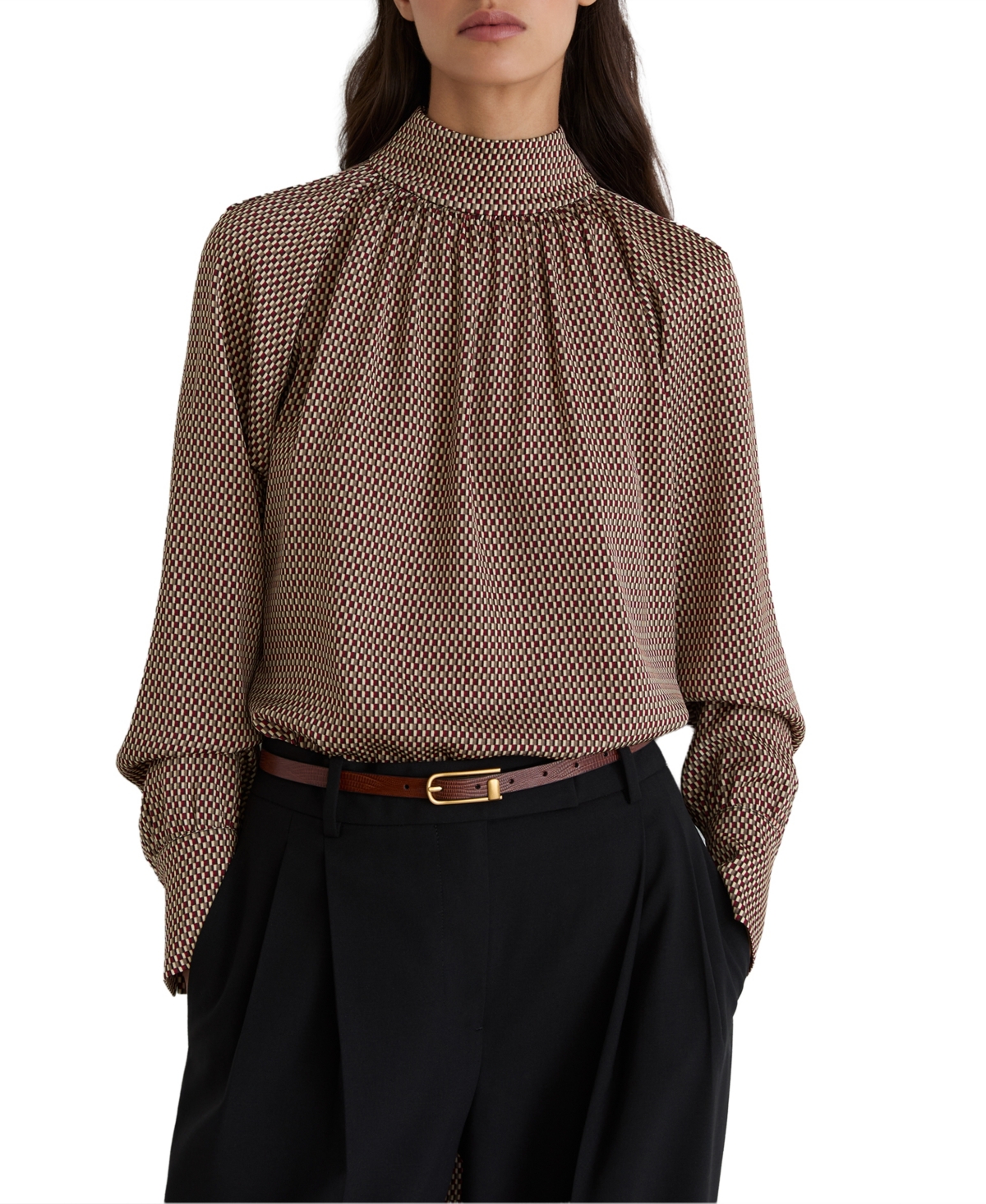 Click here for Reiss Womens Geometric-Print Tie-Neck Blouse - Red prices