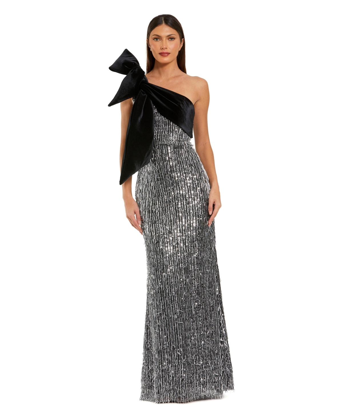 Click here for Mac Duggal Womens One-Shoulder Sequin Velvet Bow G... prices