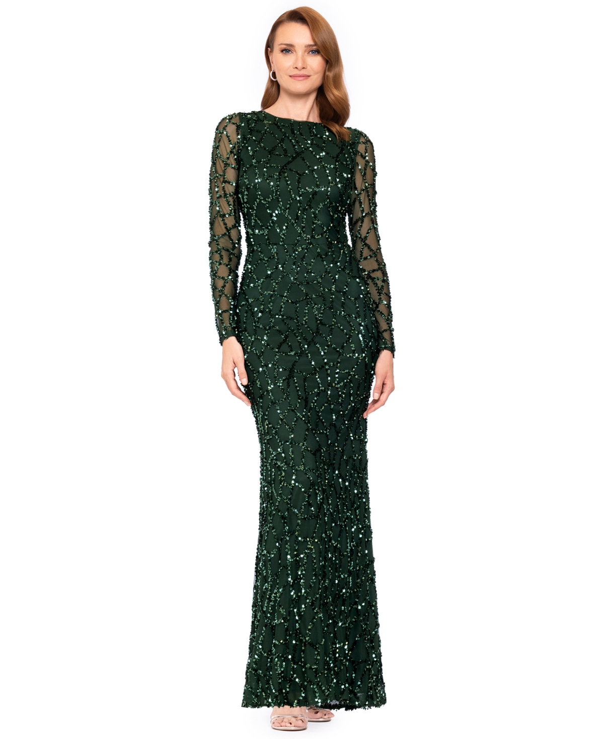 Click here for Betsy & Adam Petite Long-Sleeve Allover-Sequin Wed... prices