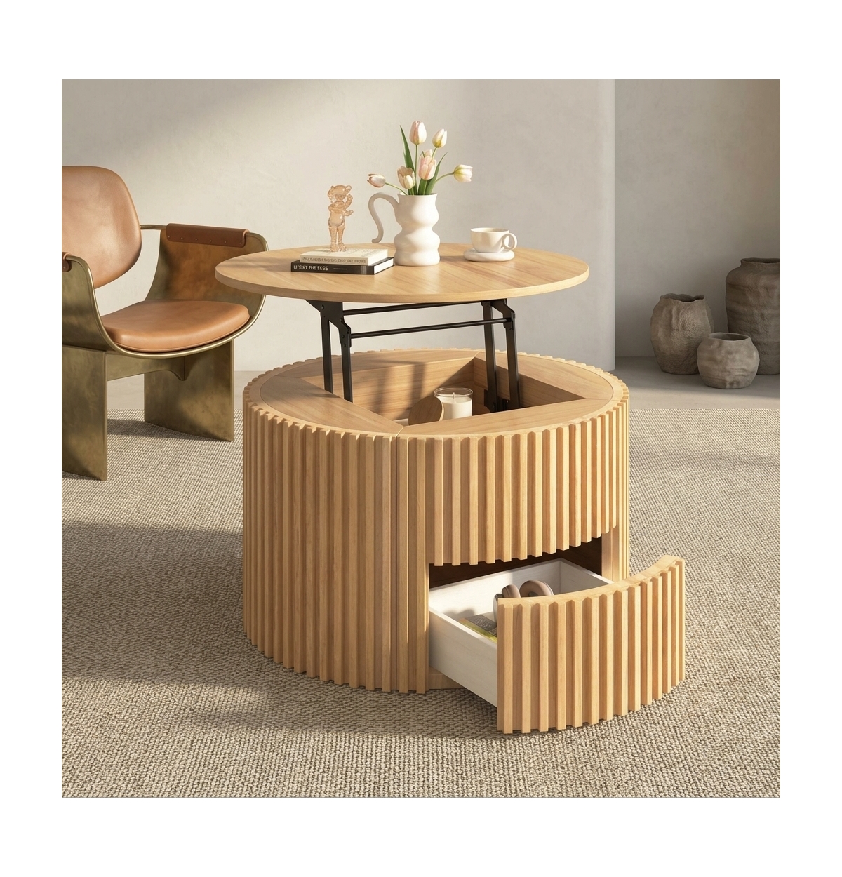 Click here for Flynama Round Lift Top Coffee Table Storage Fluted... prices