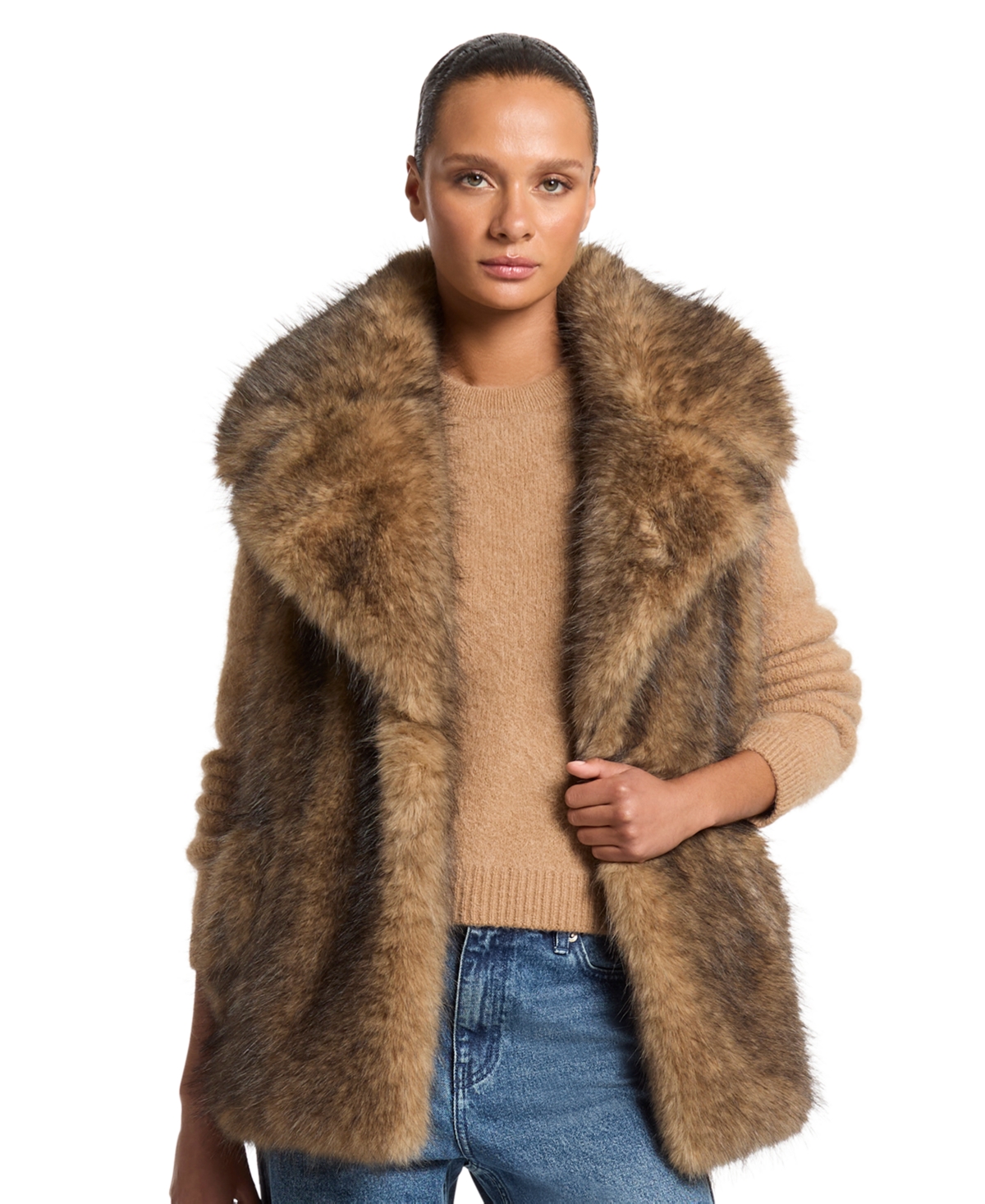 Click here for Michael Kors Womens Faux-Fur Long Vest - Dark Came... prices
