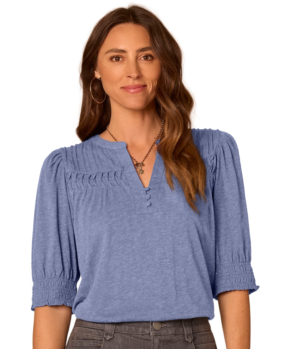 Click here for Democracy Petite Blouson-Sleeve Mandarin Collar Kn... prices