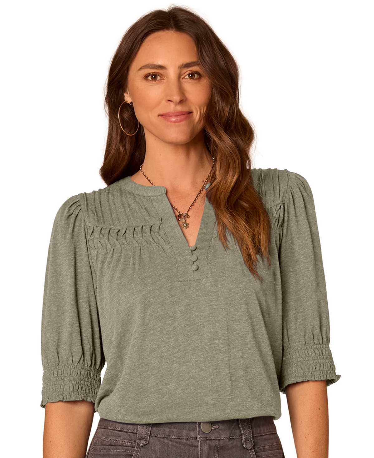 Click here for Democracy Petite Blouson-Sleeve Mandarin Collar Kn... prices