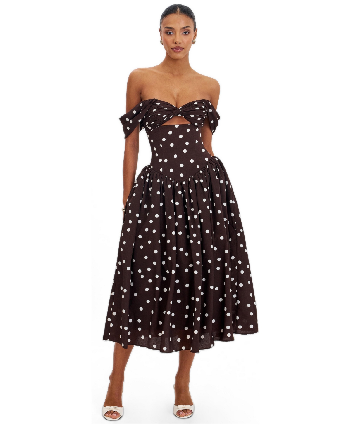 Click here for Miss Circle Womens Xandie Mocha Polka Dot Off-Shou... prices