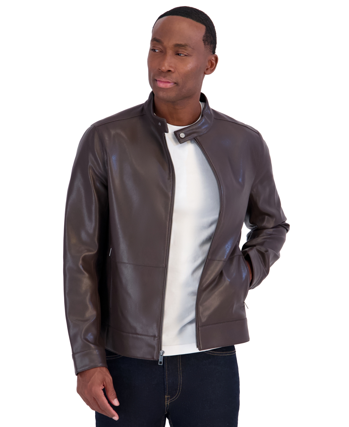 Click here for Calvin Klein Mens Leather Moto Jacket - Espresso prices