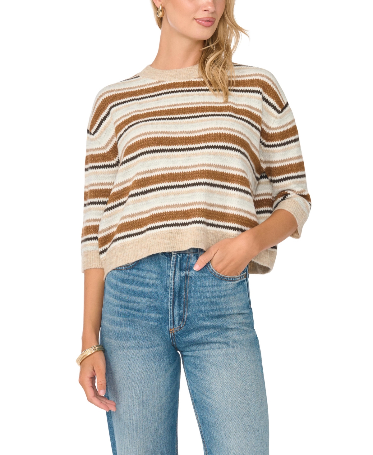 Click here for Vince Camuto Womens Seed Stitch Striped Crewneck S... prices