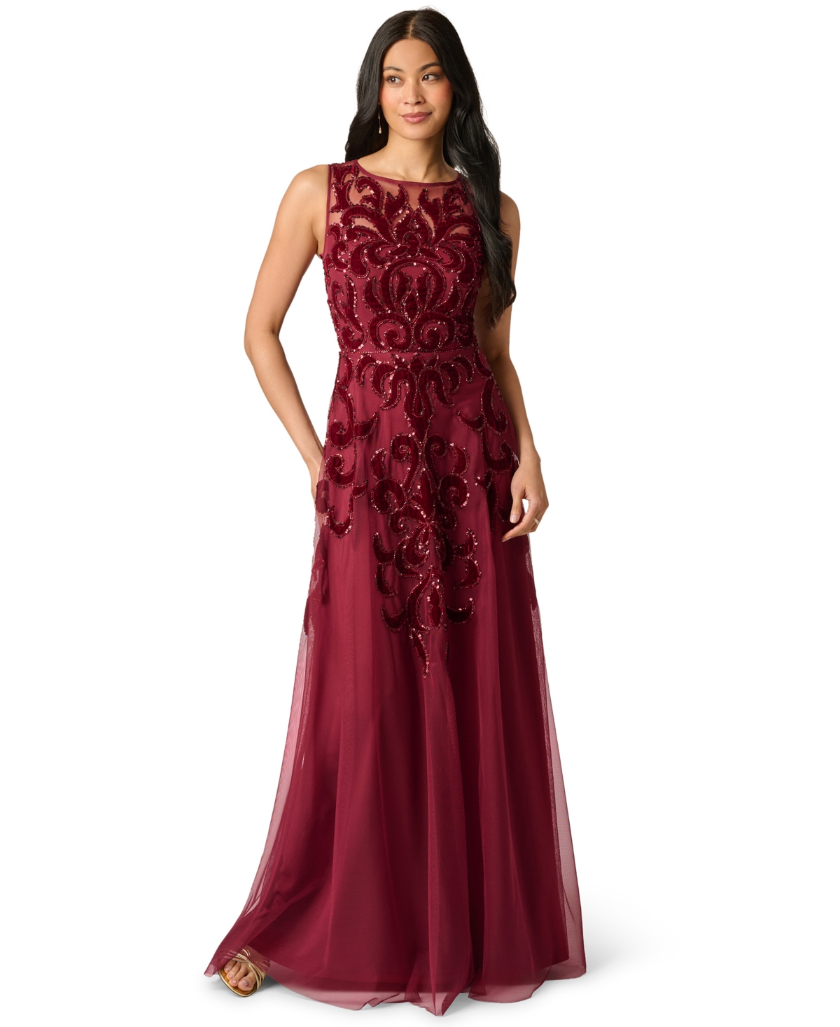 Click here for Adrianna Papell Womens Illusion Bead Mesh Long Wed... prices