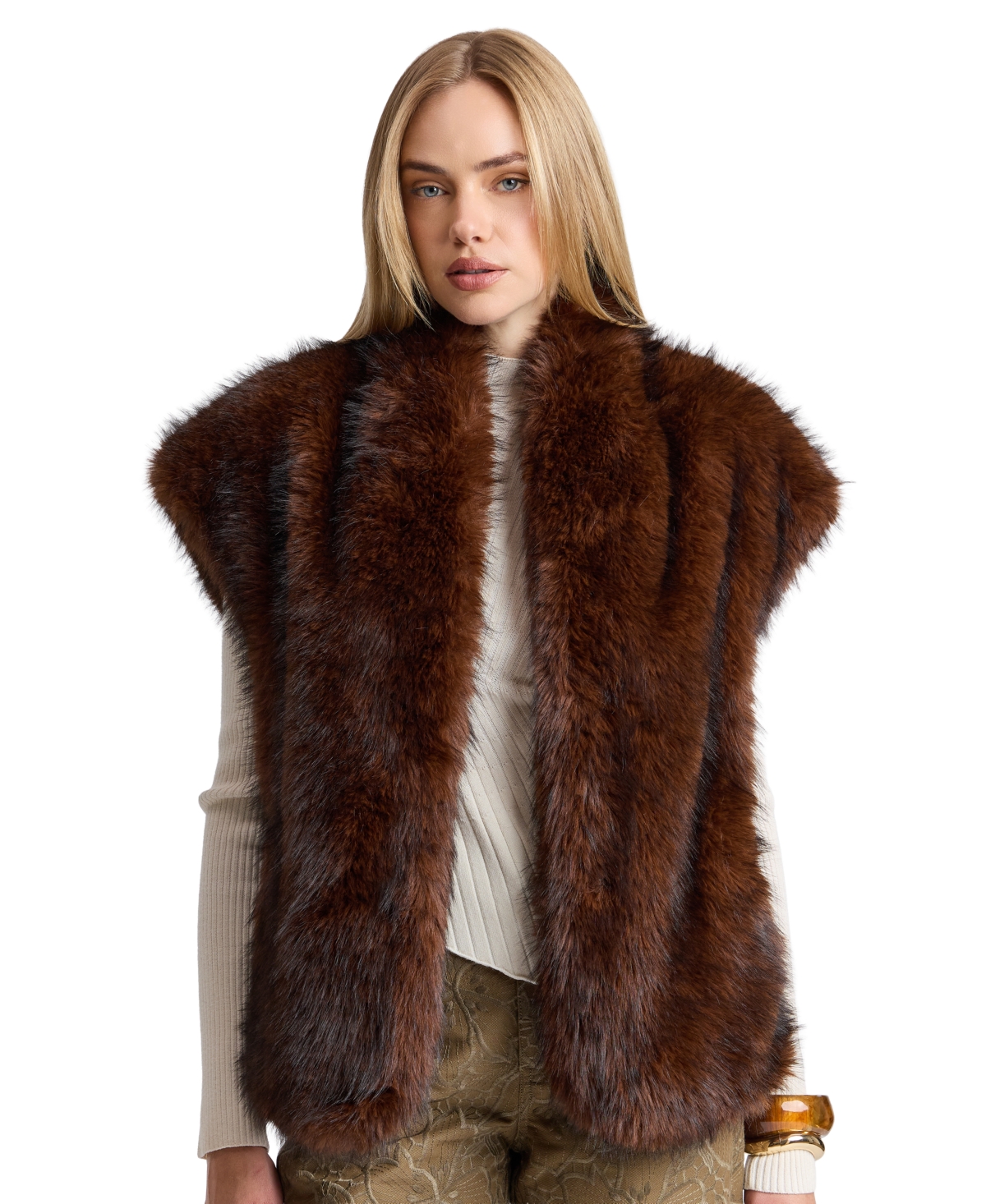 Click here for Avec Les Filles Womens Belted Faux Fur Shawl Colla... prices