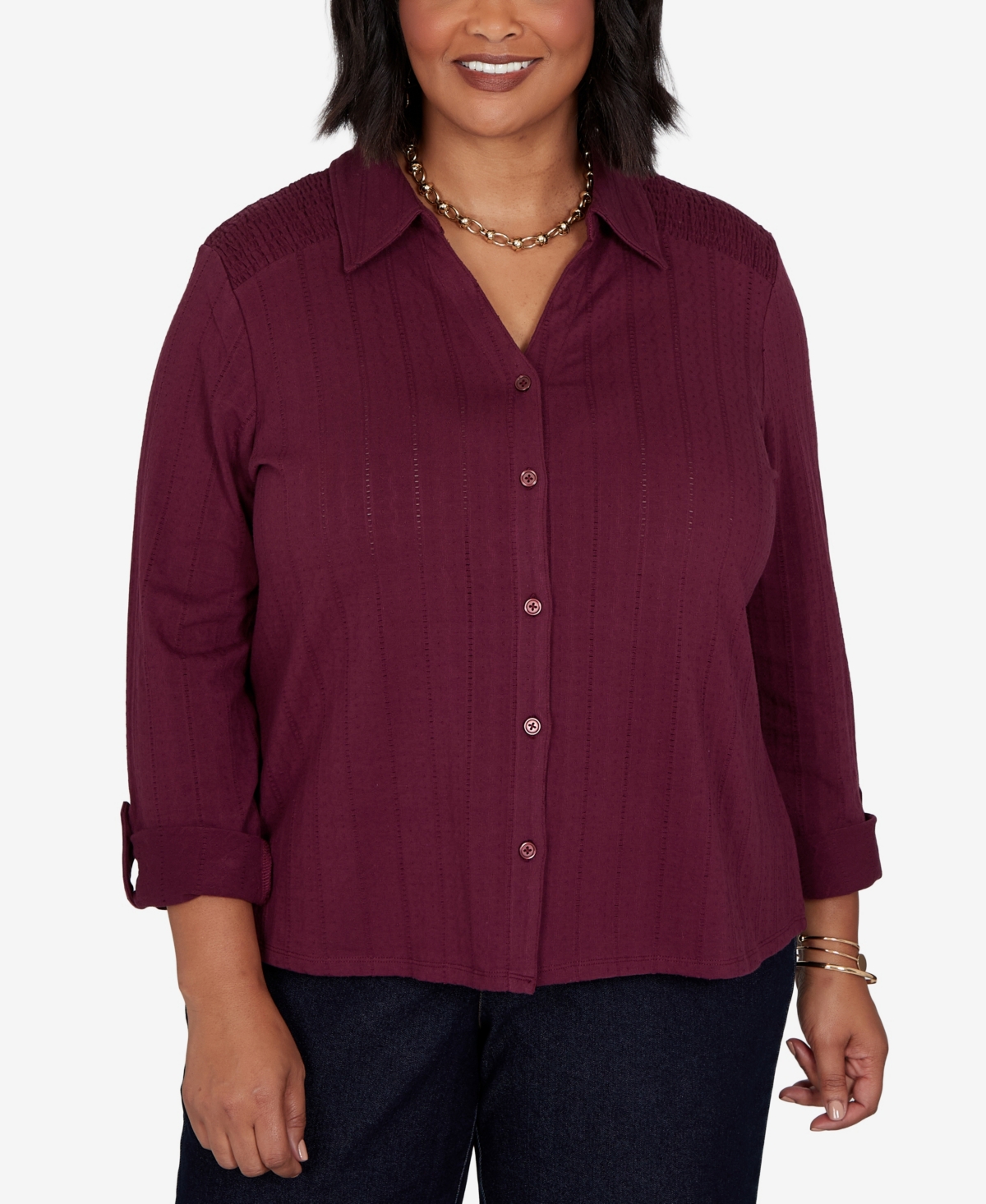 Click here for Ruby Rd. Plus Size Striped Roll-Tab Button-Front B... prices