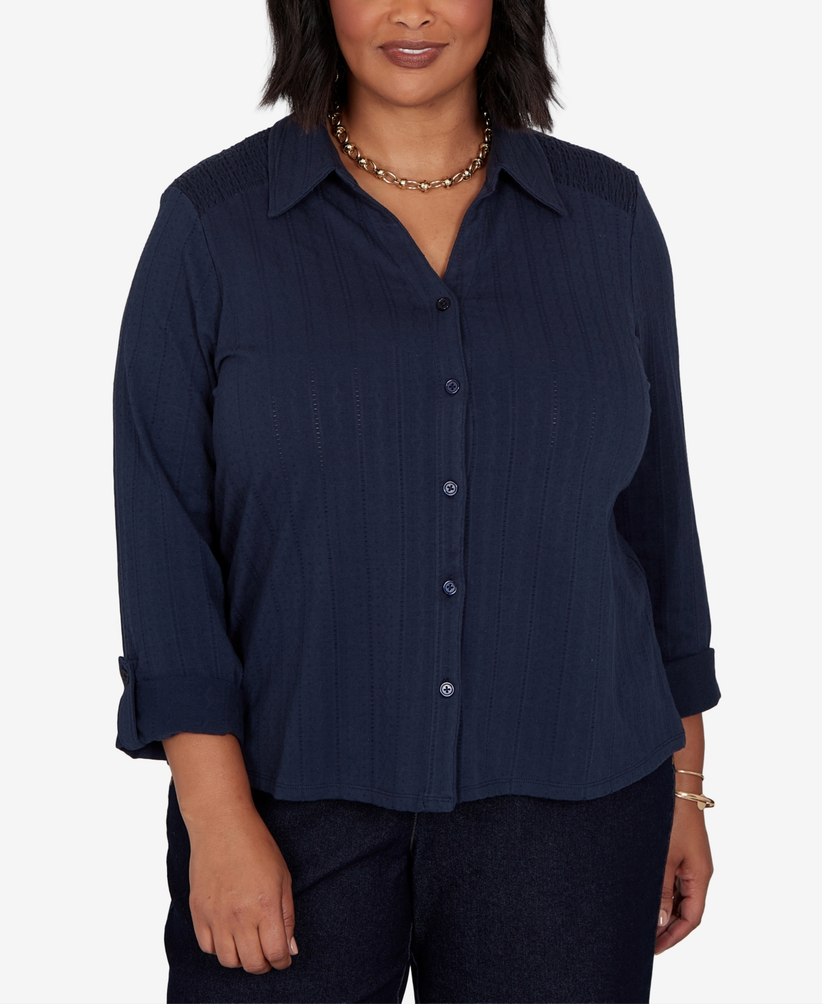 Click here for Ruby Rd. Plus Size Striped Roll-Tab Button-Front B... prices