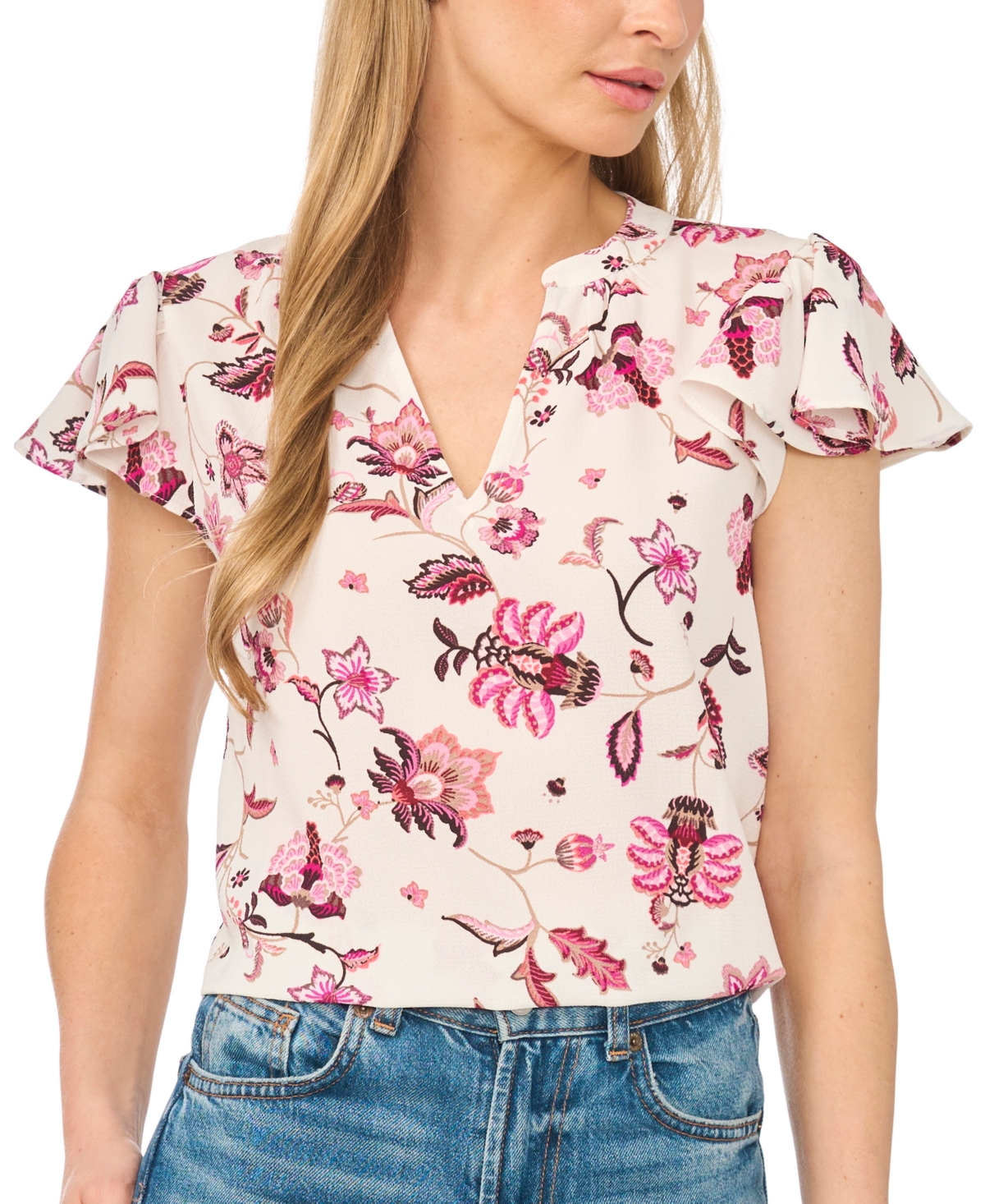 Click here for CeCe Womens Flutter-Sleeve V-Neck Top - New Ivory prices