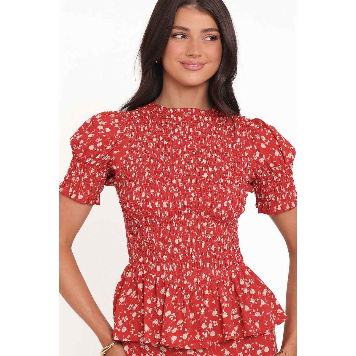 Click here for Petal and Pup Womens Zoella Peplum Top - Red flora... prices