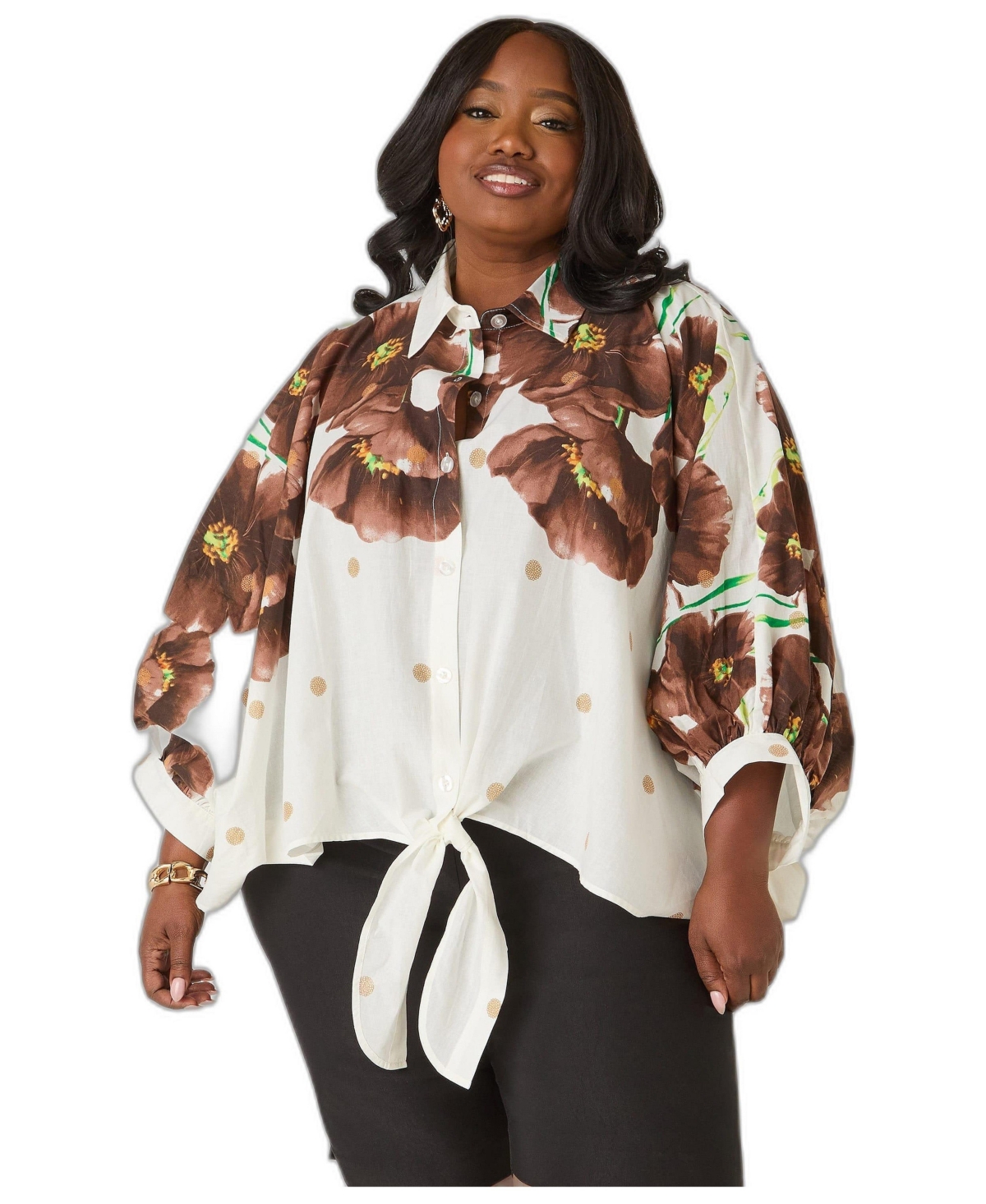 Click here for Ashley Stewart Plus Size Tie-Front Floral Short-Sl... prices