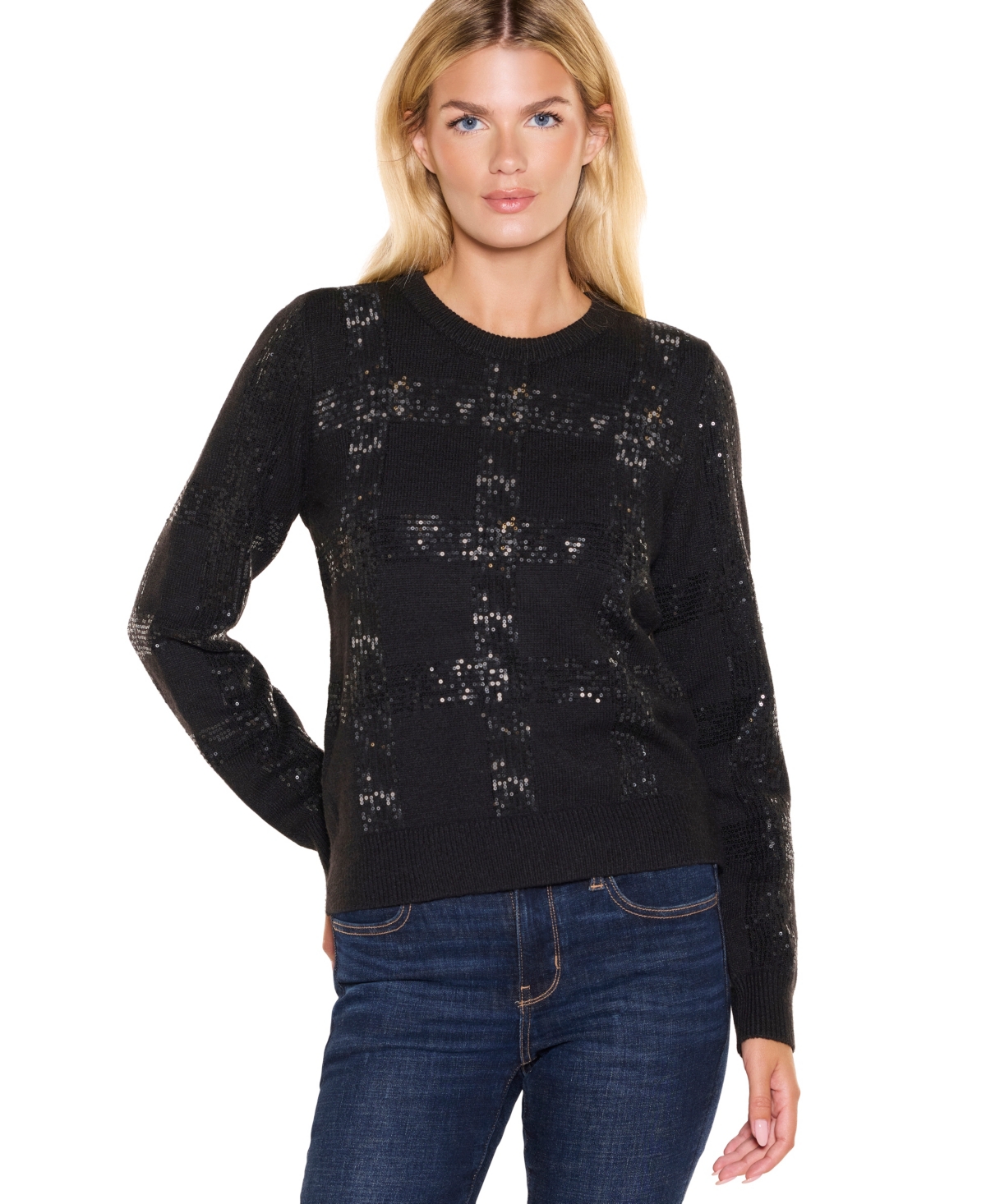Click here for Belldini Womens Plaid-Sequin Crewneck Pullover Swe... prices