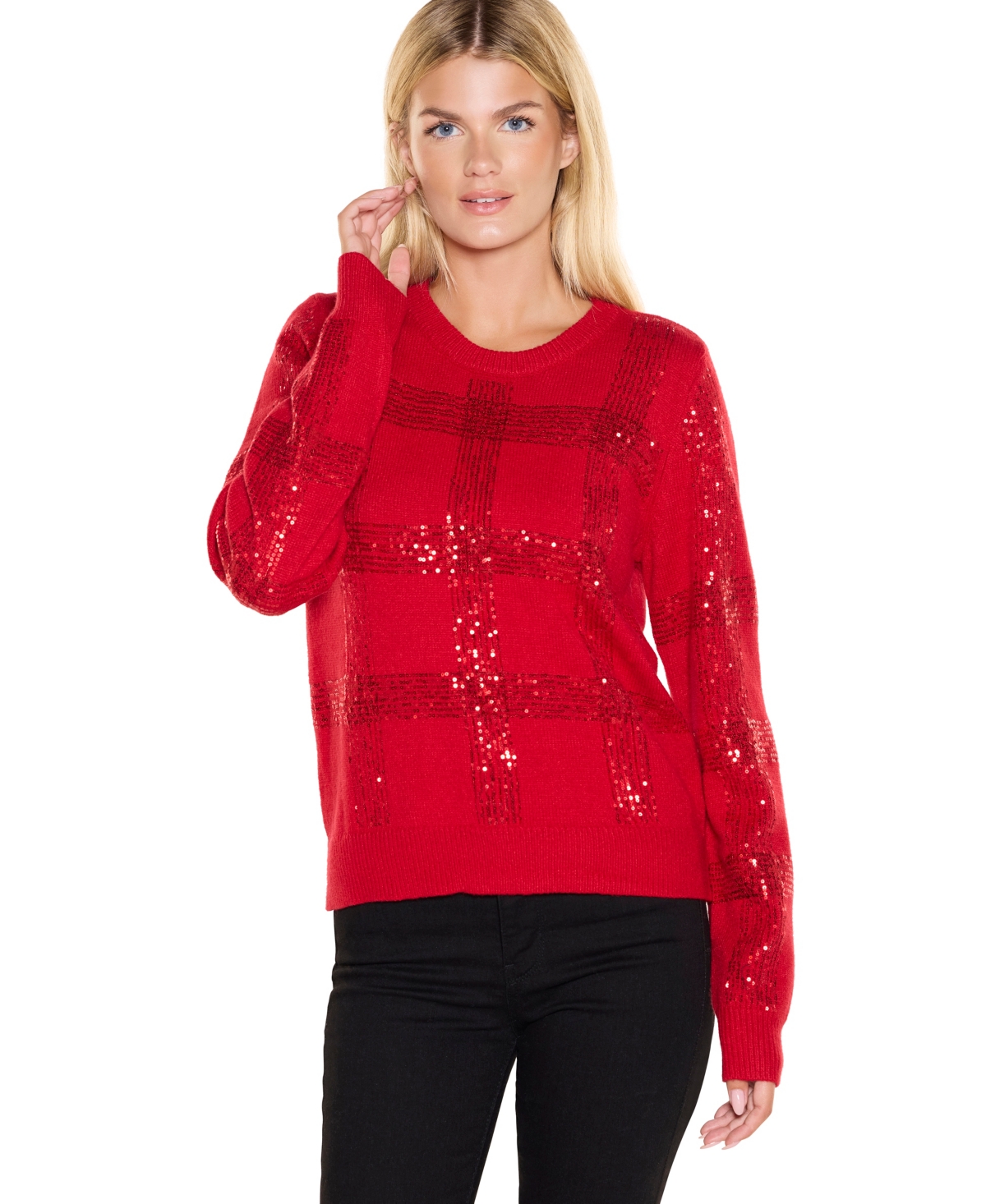 Click here for Belldini Womens Plaid-Sequin Crewneck Pullover Swe... prices