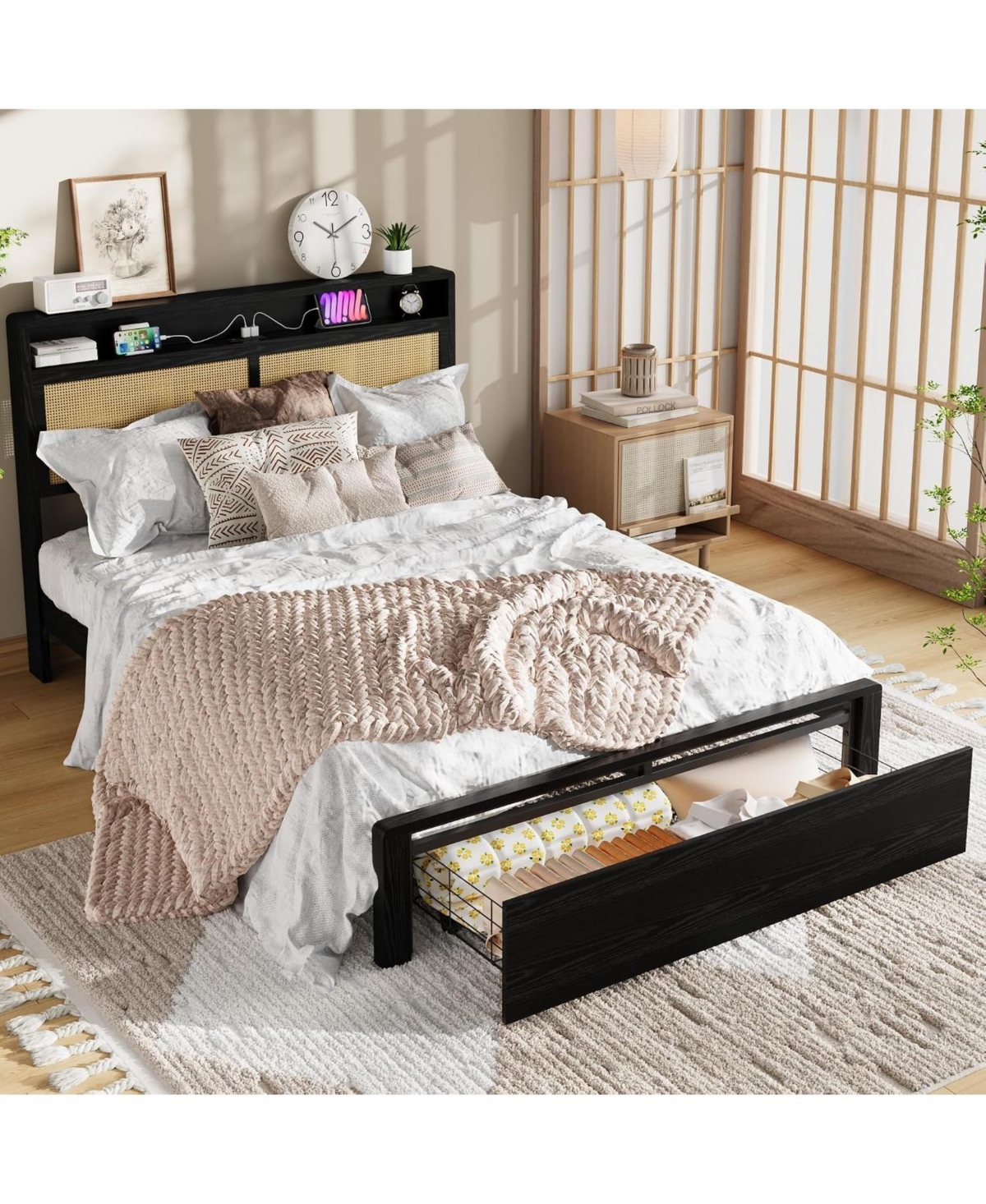 Click here for gaomon Rattan Bed Frame with Storage Drawer and Le... prices