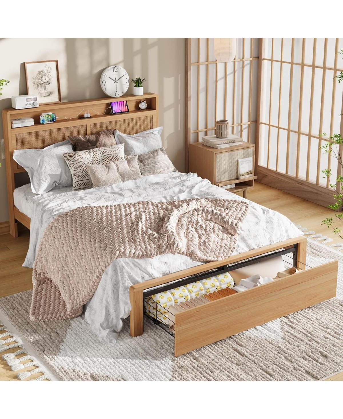 Click here for gaomon Rattan Bed Frame with Storage Drawer and Le... prices
