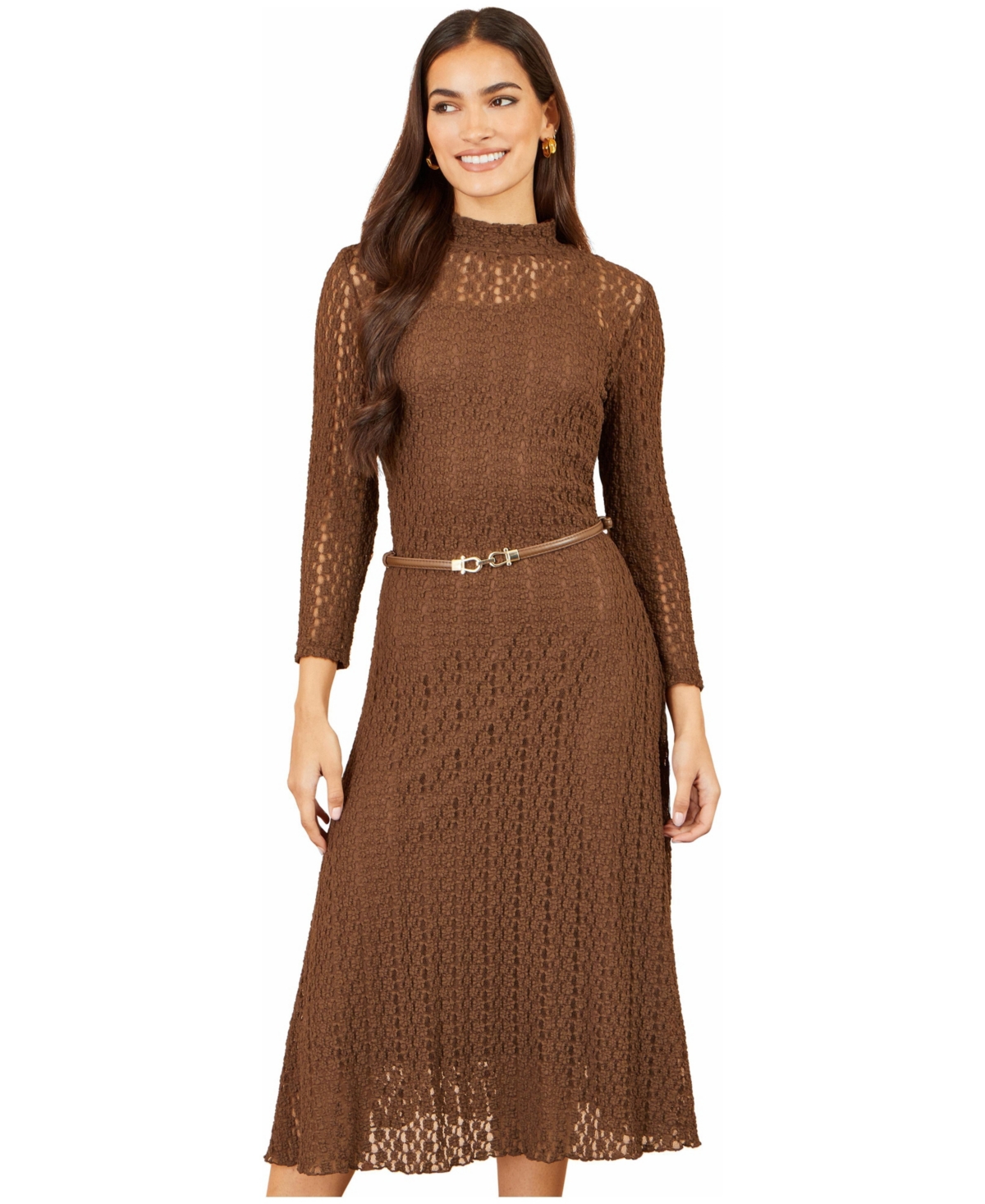 Click here for Yumi Womens High Neck Lace Midi Dress - Brown prices