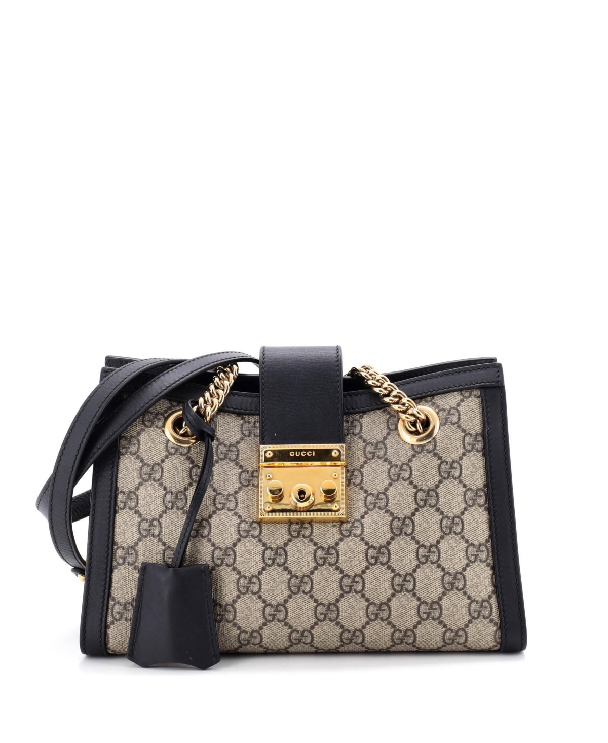 Click here for Pre-Owned Gucci Small Padlock Chain Tote Gg Coated... prices