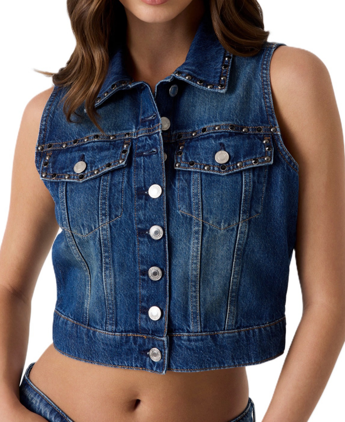 Click here for Guess Womens Jill Cropped Studded Button-Front Den... prices