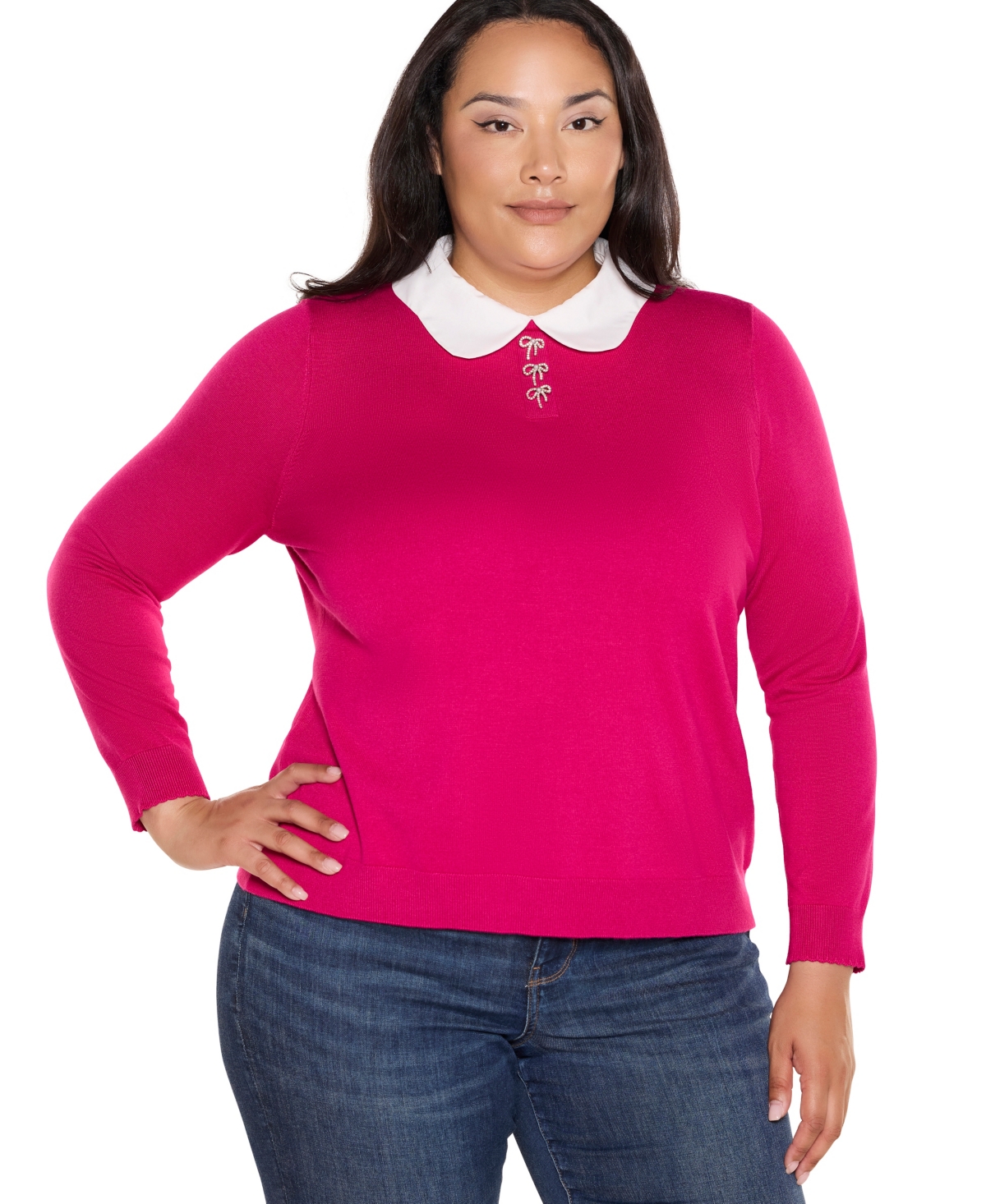 Click here for Belldini Plus Size Collared Long-Sleeve Bow-Detail... prices
