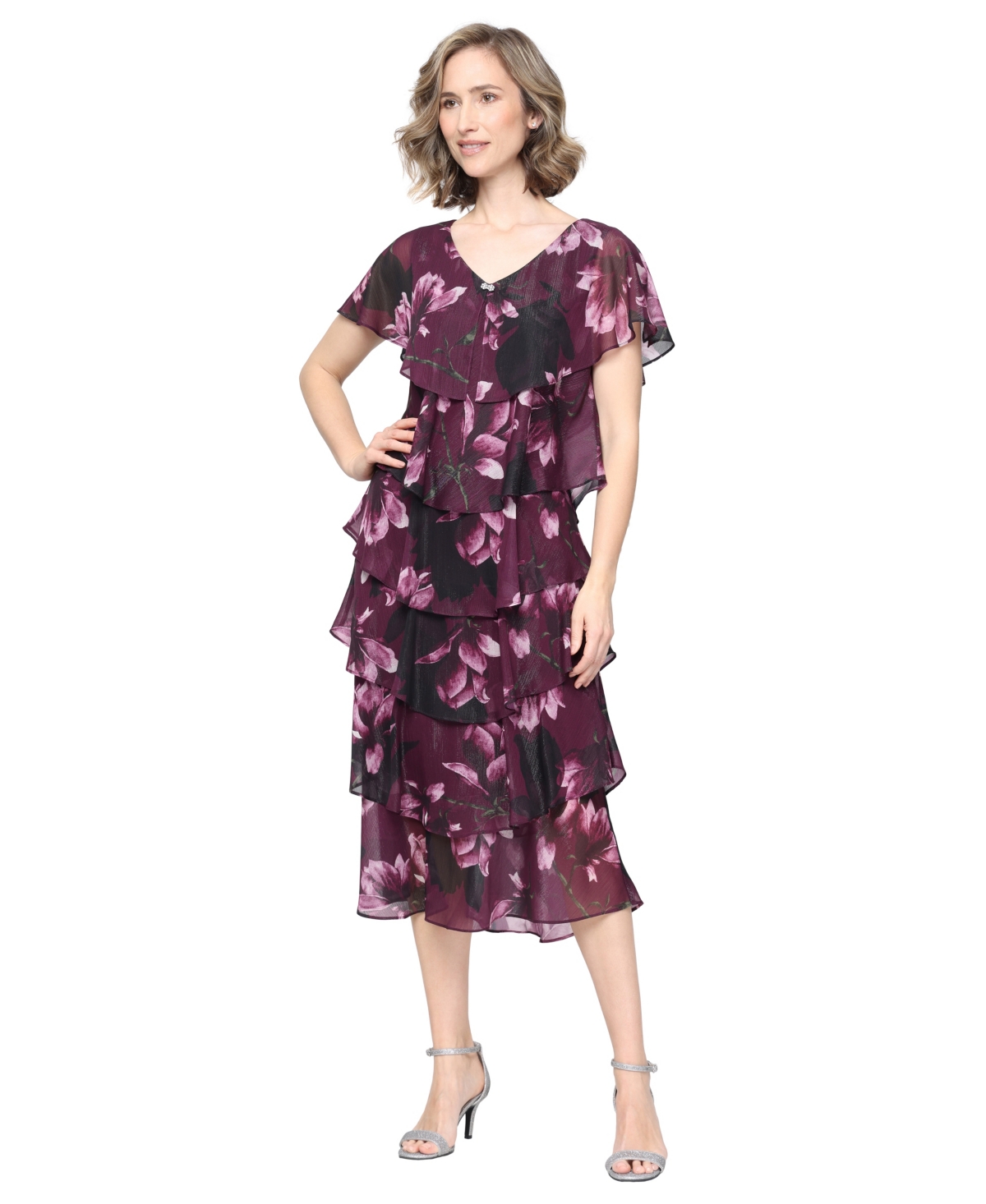Click here for Sl Fashions Womens Floral-Print Tiered V-Neck Dres... prices