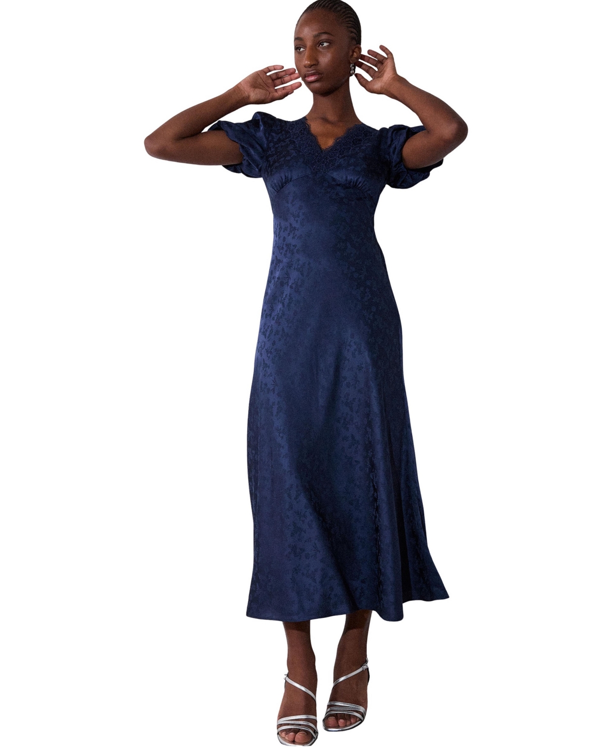 Click here for Whistles Womens Jacquard V-Neck Midi Dress - Navy prices
