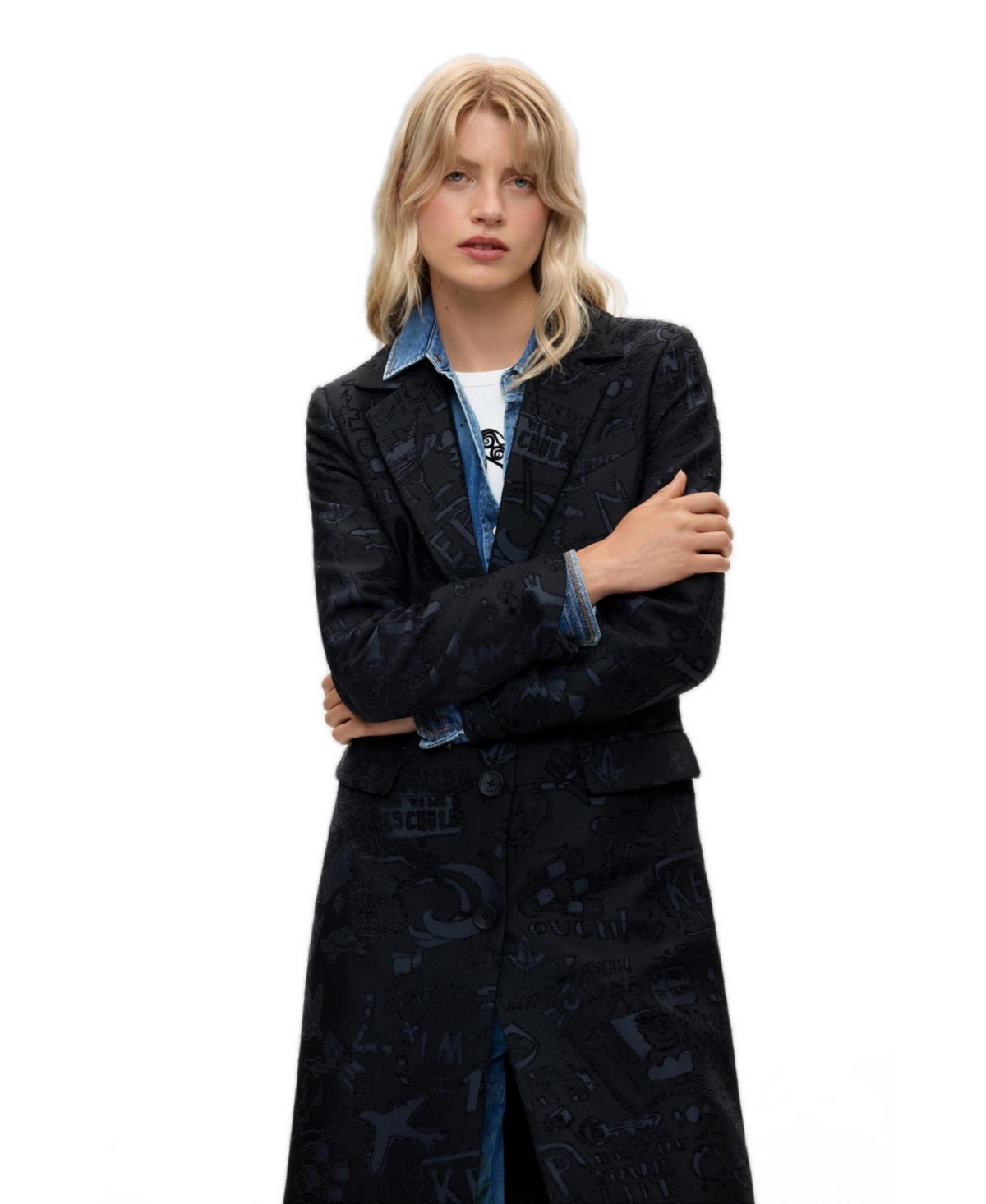 Click here for Desigual Womens Midi Printed Coat - Black prices