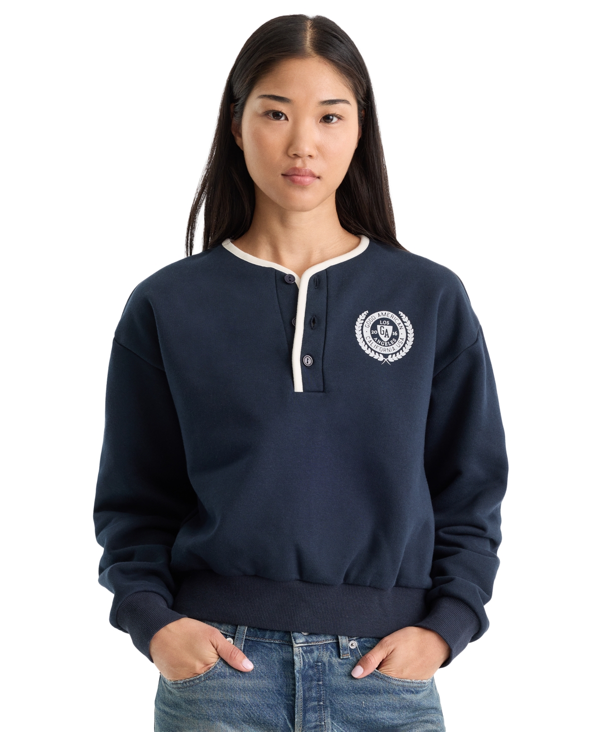 Click here for Good American Womens The Brushed Fleece Henley Nec... prices