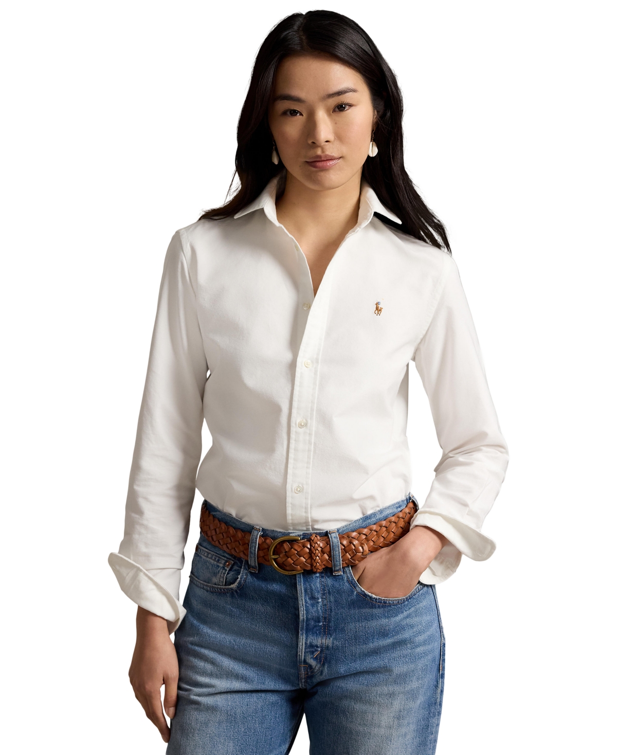 Polo Ralph Lauren Womens Slim-Fit Striped Oxford Shirt - White