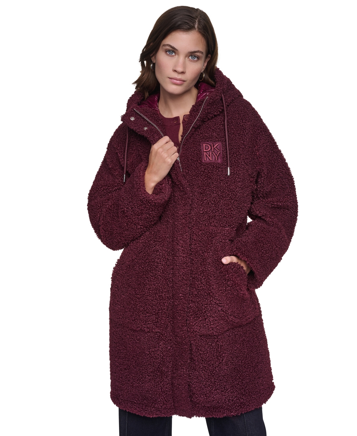 Click here for Dkny Jeans Womens Faux-Sherpa Mix Media Hooded Jac... prices
