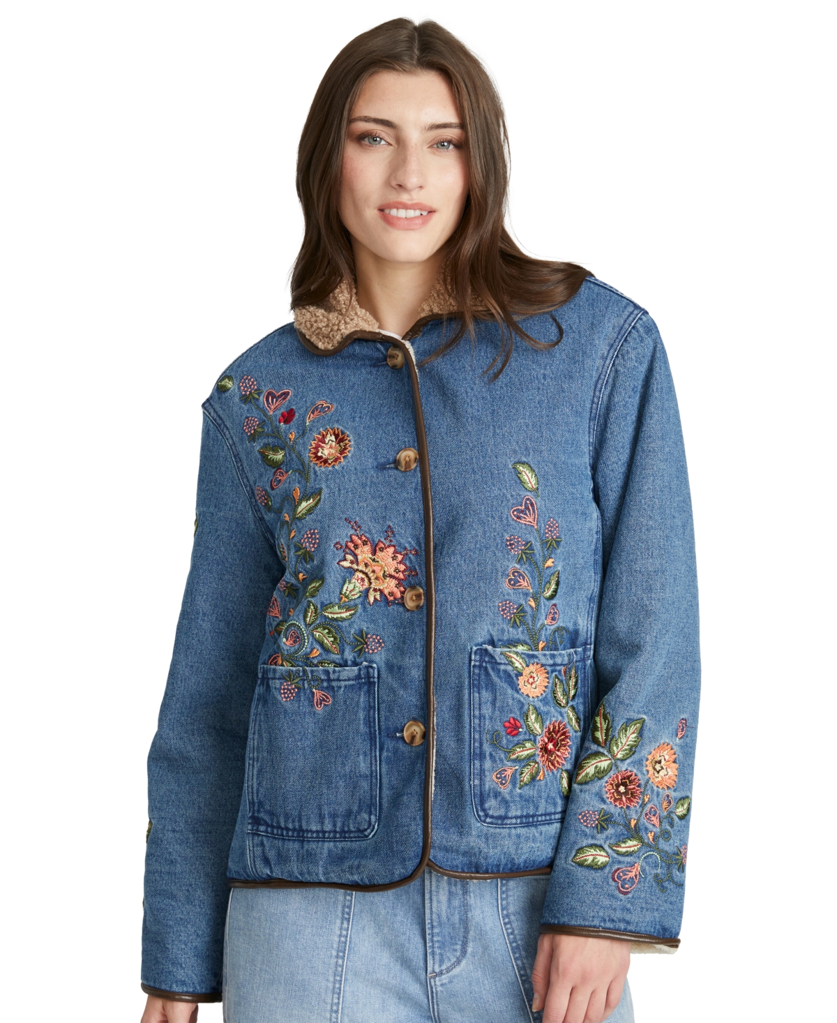 Click here for Driftwood Womens Rosevine Sherpa-Lined Denim Jacke... prices